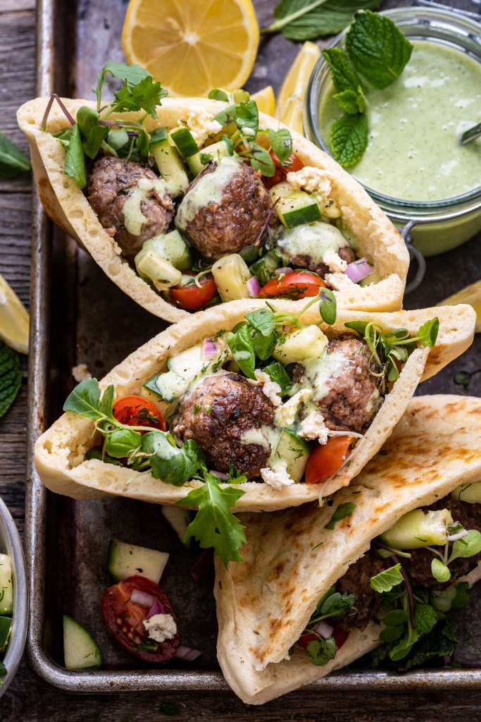 Mediterranean Meatball Pitas with Mint Yogurt Sauce - Wandering Chickpea
