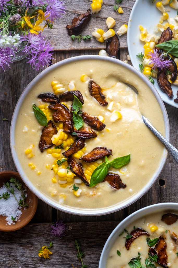 Vegan Corn Chowder with Shiitake Bacon - Wandering Chickpea